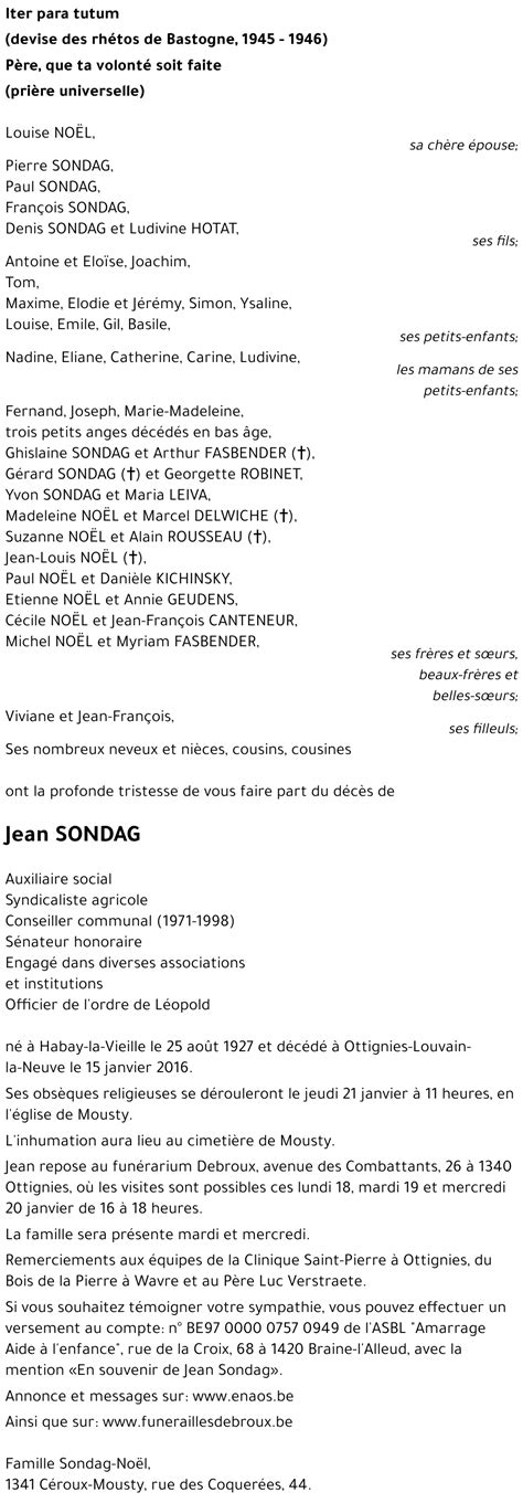 Avis De Décès De Jean Sondag Décédé Le 15012016 à Ottignies Annonce Condoléances Fleurs