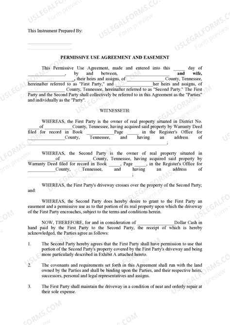 Tennessee Permissive Use Agreement And Easement Us Legal Forms