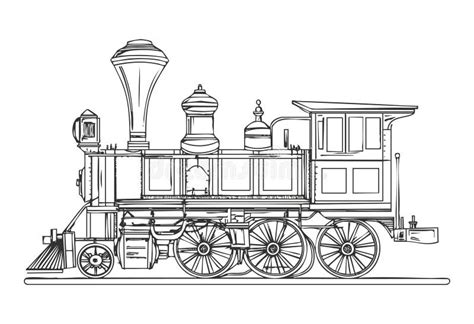 Vintage Steam Locomotive Line Drawing In Black And White Stock