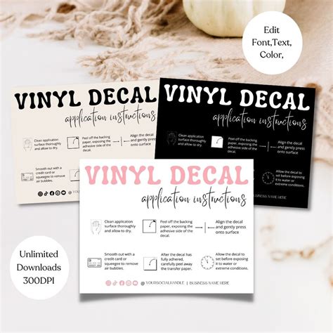 Editable Vinyl Decal Care Card Instructions Diy Decal Instructions