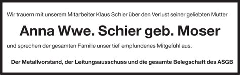 Traueranzeigen Von Anna Schier Trauer Bz