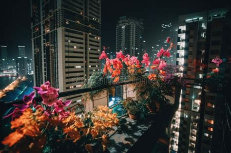 A View Of A City At Night From A Balcony Ai Generative Image Stock