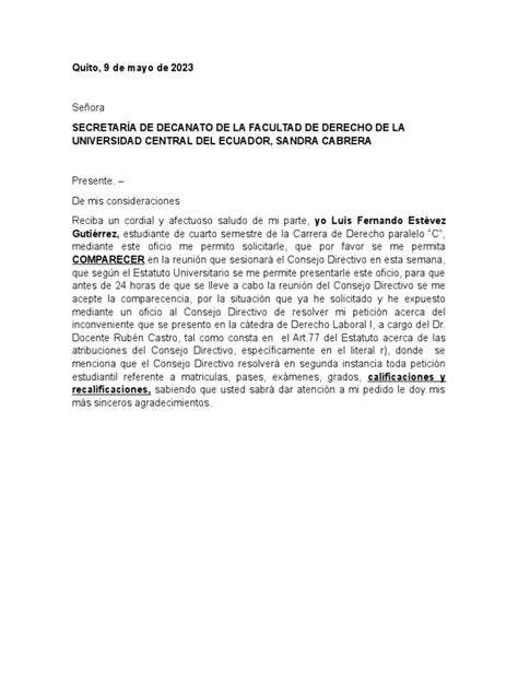 Solicitud De Comparecencia De Luis Fernando Estévez Pdf