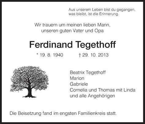 Traueranzeigen Von Ferdinand Tegethoff Trauer Hna De
