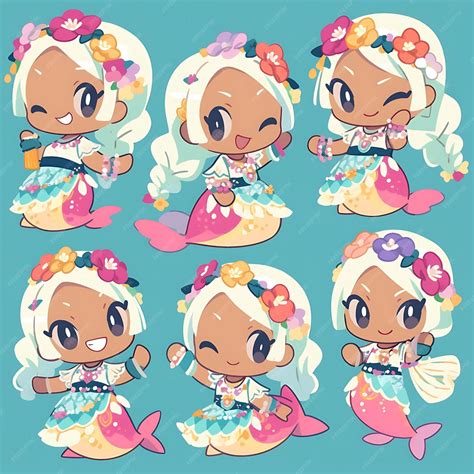 Sticker Del Delfín Hembra Chibi Kawaii Moda Polinesia Concepto Tropi