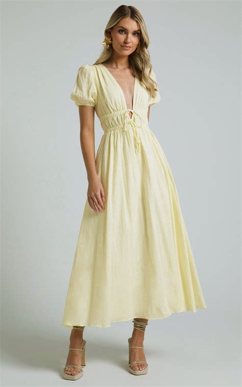 Portofino Midi Dress V Neck Puff Sleeve Dress In Yellow Showpo Usa