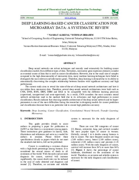 Pdf Deep Learning Based Cancer Classification For Microarray Data A Systematic Review