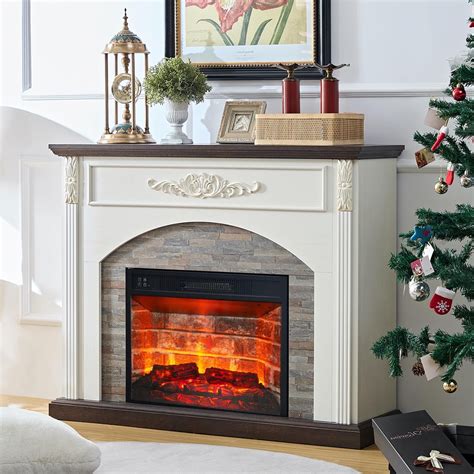 Boshiro 44 White Electric Fireplace Mantel With 23 Brick Insert Led
