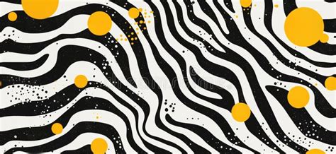 Abstract Black And White Wavy Pattern With Yellow Circles Dynamic Design Modern Art Playful