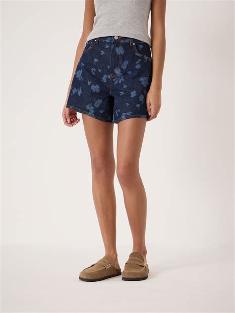 Floral Print Essential Mid Rise Denim Shorts Laser Floral Print Blue