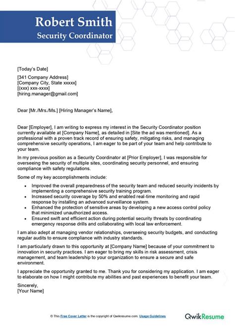 Security Coordinator Cover Letter Examples Qwikresume
