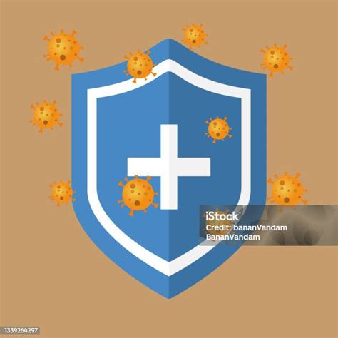 면역 체계 벡터 아이콘 로고 박테리아 건강 바이러스에 대한 보호 인간의 세균의 의료 예방 흰색 십자가와 흰색 배경에 바이러스와 빨간색 방패 벡터 일러스트레이션 0명에 대한