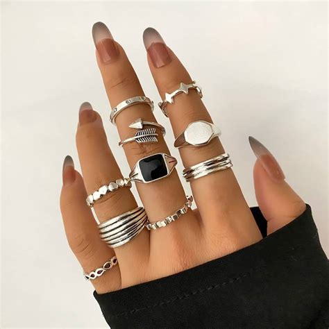 Set Of 10 Antique Silver Star Geometric Arrow Rings Free Shipping