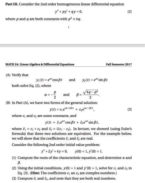 Solved Part Iii Consider The 2nd Order Homogeneous Linear