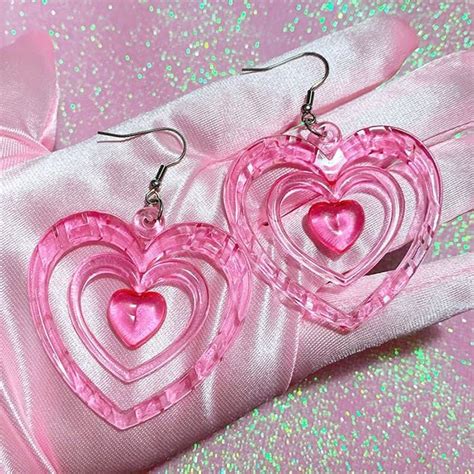 Y2k Pink Heart Earrings In 2025 Pink Heart Pink Heart Earrings