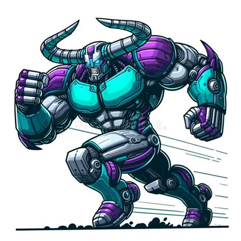 Cartoon Super Hero Robot With Horns And A Muscular Body Isolated On A