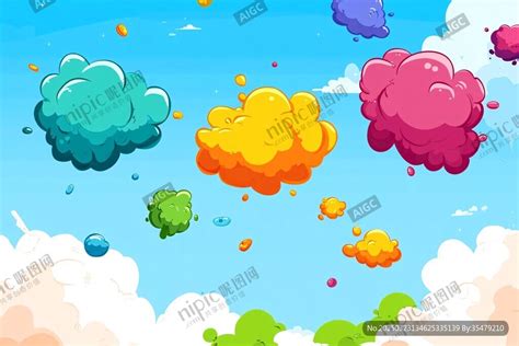 Ai创作图五彩云朵 卡通风格 动画场景 蓝天白云 彩虹色彩 奇幻元素 儿童游戏 冒险旅程 云朵角色 多彩世界 欢乐氛围 卡通艺术 数字绘画 动态背景 昵图网