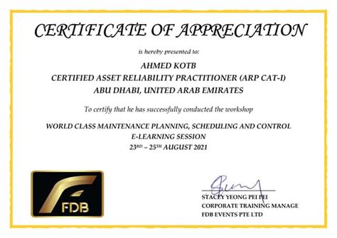 Certificate Of Appreciation For Conducting World Class Maintenance
