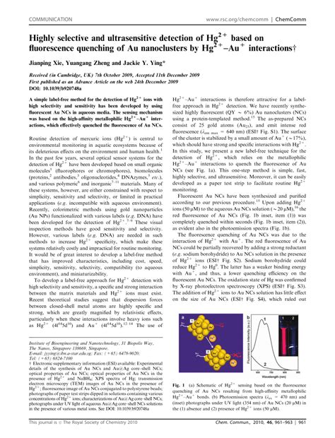 Pdf Highly Selective And Ultrasensitive Detection Of Hg2 Based On Fluorescence Quenching Of