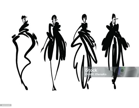 패션 모델 스케치 손으로 그려진 양식 실루엣 격리 합니다 벡터 패션 일러스트 레이 션을 설정합니다 스케치에 대한 스톡 벡터 아트 및 기타 이미지 Istock
