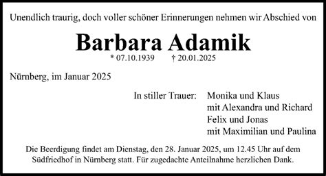 Traueranzeigen Von Barbara Adamik Trauer Nn De