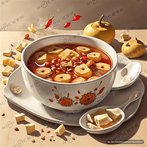 Ai创作图卡通冰糖炖梨汤 汤的颜色淡一些。碗旁边放一些冰糖、雪梨 昵图网