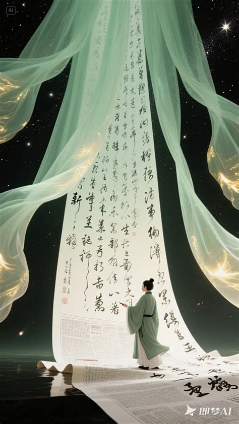 Jimeng 2025 04 29 896 一个小小的人。浅绿色纱幔，写满毛笔字，写满毛笔字。毛笔字，报纸，满屏书法字，神秘氛围，巨大的纱幔飞舞飘逸，纱幔写满书法字，立体感，强烈的立体感，浅