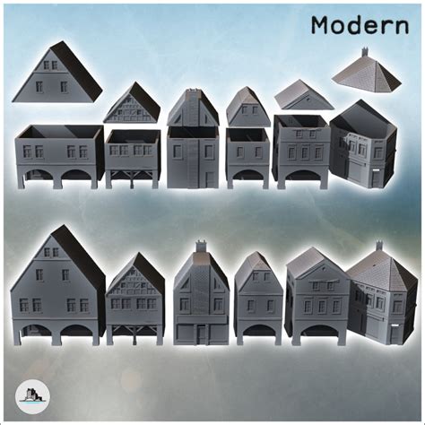 3d Printable Set Of Six Buildings With Sheltered Passages Under