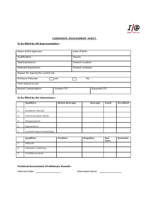 Candidate Assessment Sheet Pdf