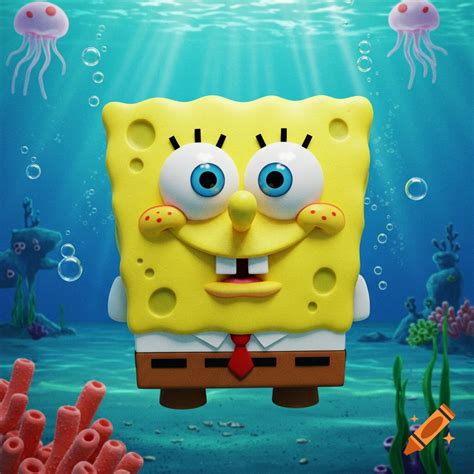 A Large Smiling 3d Render Of Spongebob Squarepants In An Underwater