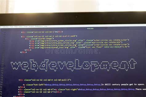 Web Development Phrase ASCII Art Inside HTML Code Web Developer Workplace In Sunset Lights