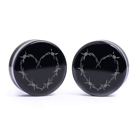 Barbed Wire Heart Tattoo Plug Gauge Black Glass Flat Faced Doubl