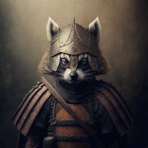 Retrato De Un Mapache Guerrero Samurai Antiguo En Armadura De Guerrero Antiguo Foto Premium