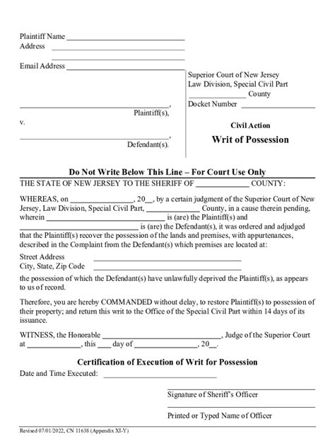 New Jersey Writ Of Possession Blank Fillable Template Fill Out