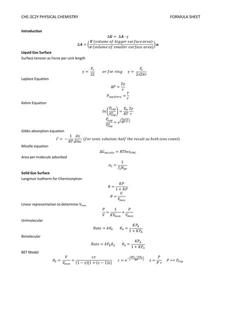 Physical Chemistry Formula Sheet Download Printable Pdf Templateroller