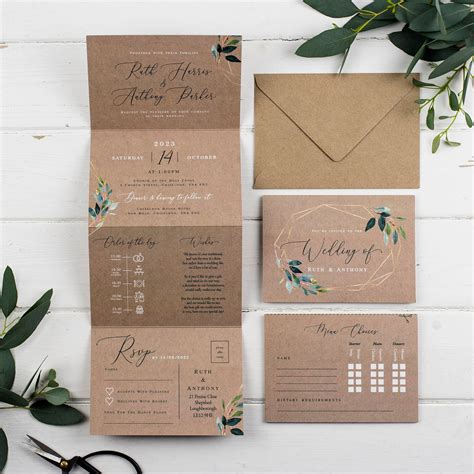 Deluxe Wedding Invitation With Menu Choices Kraft Geo Foliage Concertina