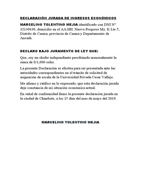 Declaración Jurada De Ingresos Económicos Pdf