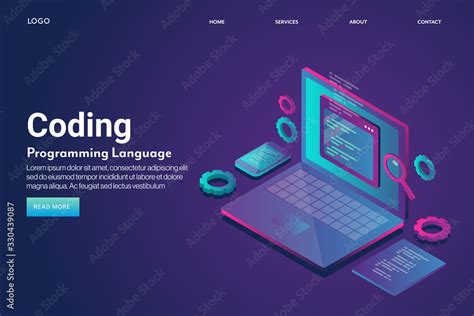 Web Development Coding And Programming On A Isometric Laptop With Virtual Interface And Web