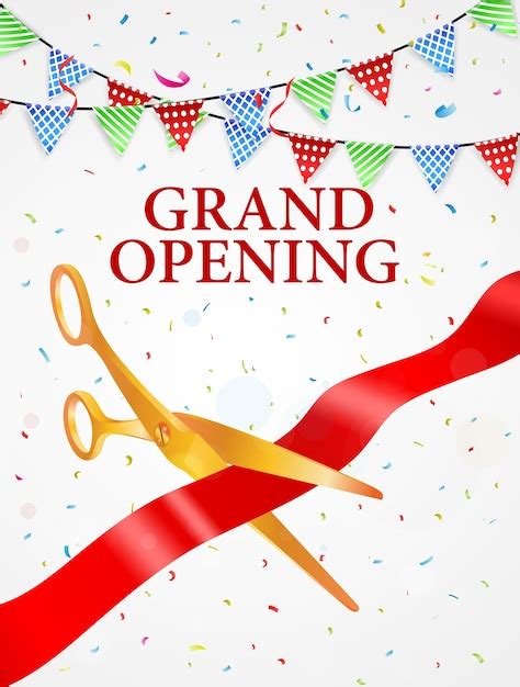 Tarjeta De Inauguración Con Cinta Roja Y Tijera De Oro Vector Premium