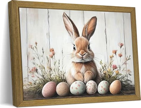 Framed Easter Bunny Wall Art Cute Rabbit With Easter Eggs