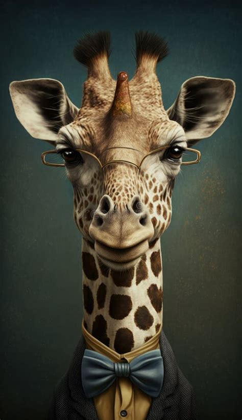 Realistic Portrait Illustration Art Showcasing Cute Giraffe Wearing Bow