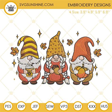 Fall Gnomes Embroidery Design File Autumn Gnome Machine Embroidery Design File