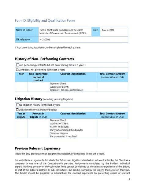Form D Eligibility And Qualification Form Print Pdf