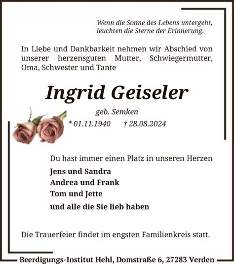 Traueranzeigen Von Ingrid Geiseler Trauerkreiszeitungde