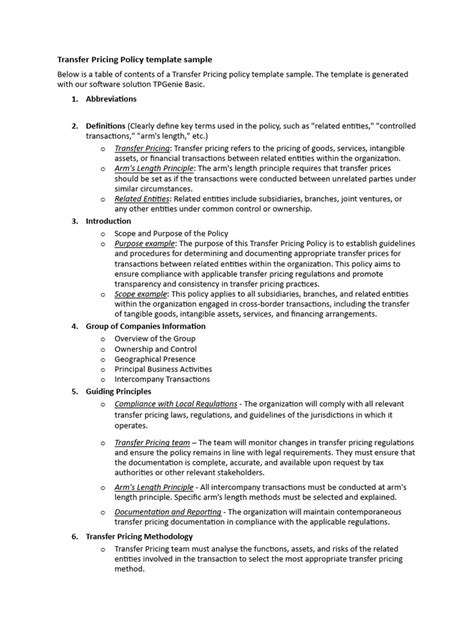 Transfer Pricing Policy Template Sample Pdf Economies Business