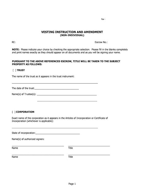 Fillable Online Vesting Amendment Worksheet Pathway Escrow Fax Email Print Pdffiller