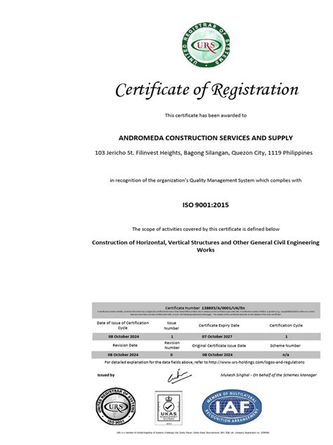 Andromeda Construction Iso 9001 2015 Draft Certificate 1 Pdf