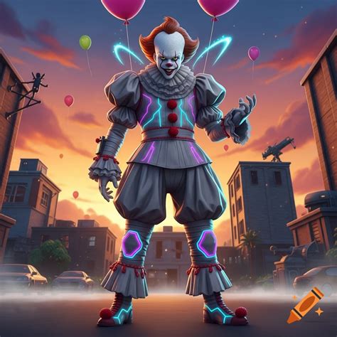 Stylized Fortnite Character Pennywise Clown With Neon Lights And