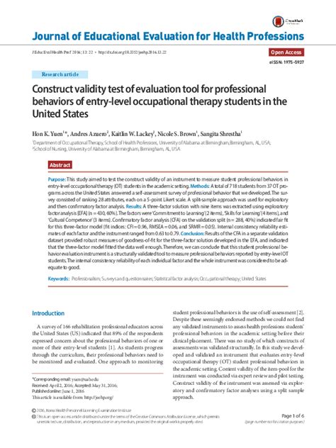 Pdf Construct Validity Test Of Evaluation Tool For Professional Behaviors Of Entry Level