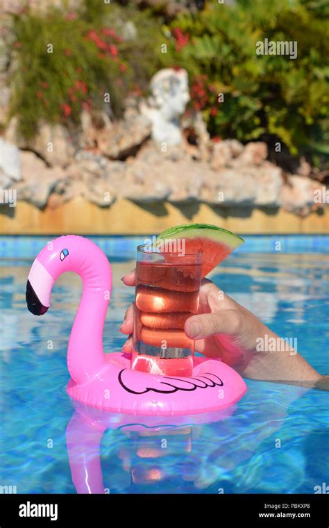 Womans Hand With A Cocktail In An Inflatable Pink Flamingo Floating Drinks Holder In A
